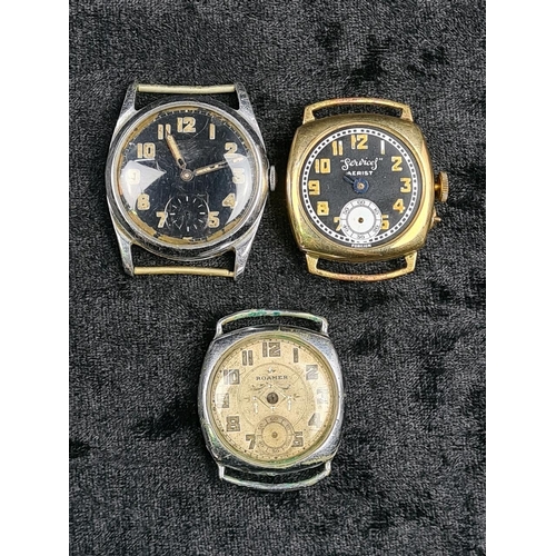 Three military style watches including one rolled gold, all a/f