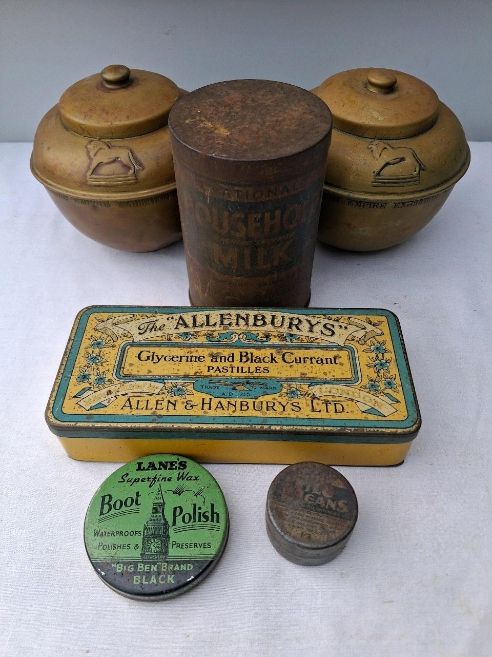 WW2 Home front, 2 1926 exhibition tea caddies, wartime dried milk tin ...