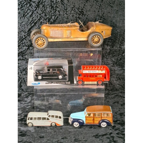 Collection of five model cars, one boxed, including larger tinplate ...