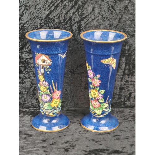 Pair of 1930s Maling vases featuring birdhouses and flowers (approx ...