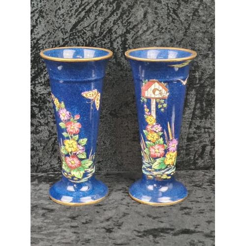 Pair of 1930s Maling vases featuring birdhouses and flowers (approx ...