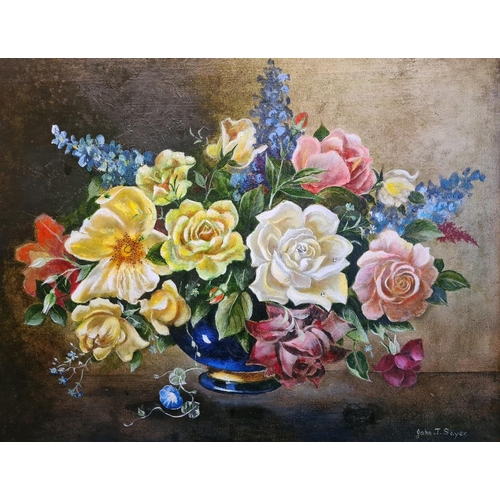 Oil on canvas painting of a floral still life scene by John J. Sayer in ...