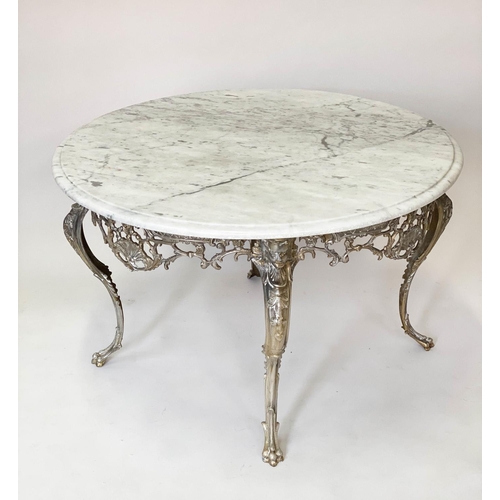 LOW TABLE, veined carrara marble top, on cast iron silvered metal ...