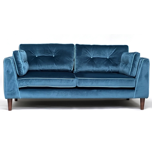 SOFOLOGY CRICKET SOFA blue velvet contrast piping with buttoned cushion back 85cm high 190cm wid