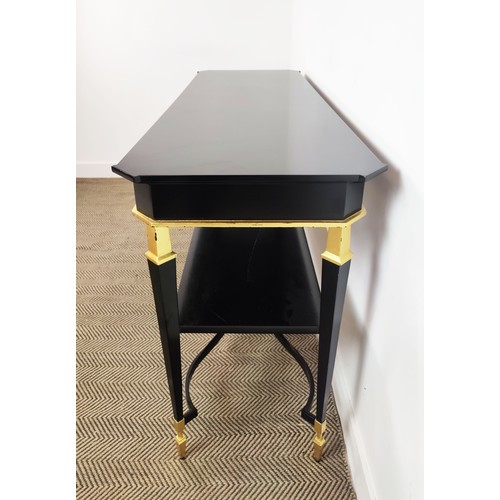 BOLIER & COMPANY BY DECCA CONSOLE TABLE, black lacquered and gilt with ...
