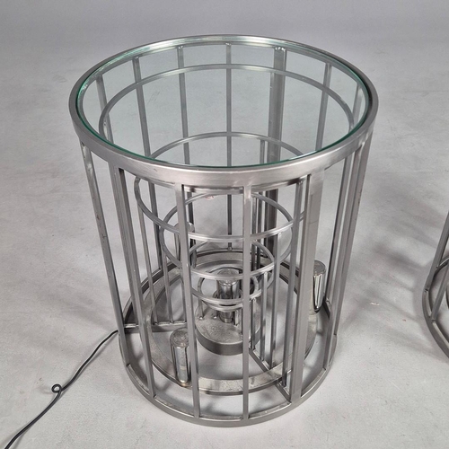 TIMOTHY OULTON SIDE TABLES, A PAIR (2). with glass tops and uplighters ...