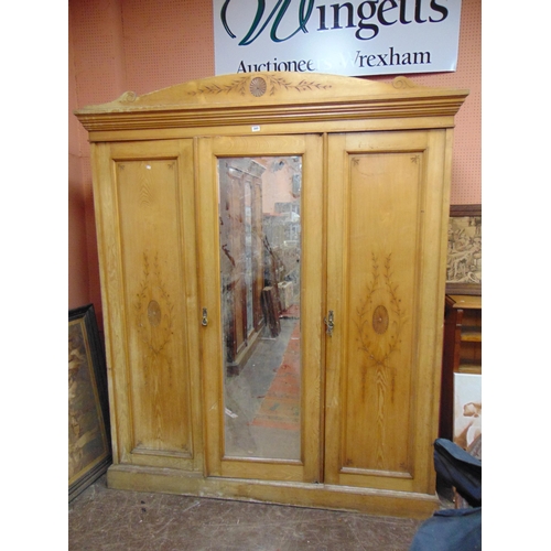 19th century Ash triple wardrobe, ogive cornice above centre mirror ...