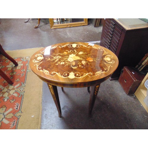 Reproduction inlaid musical sewing table, 20" high.