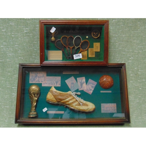 Two framed and glazed dioramas, a football and a tennis themed example. (2)