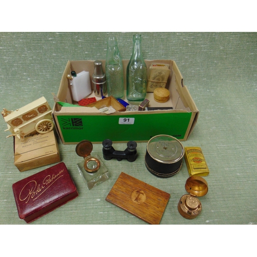 Interesting box of trinkets, to include pen knives, ink well, antique ...