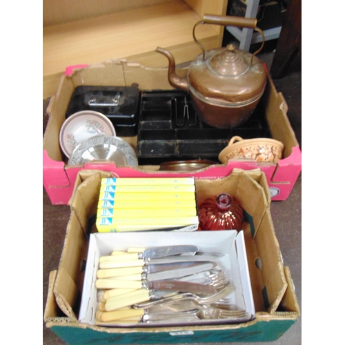 Copper kettle, mixed items, etc - two boxes.