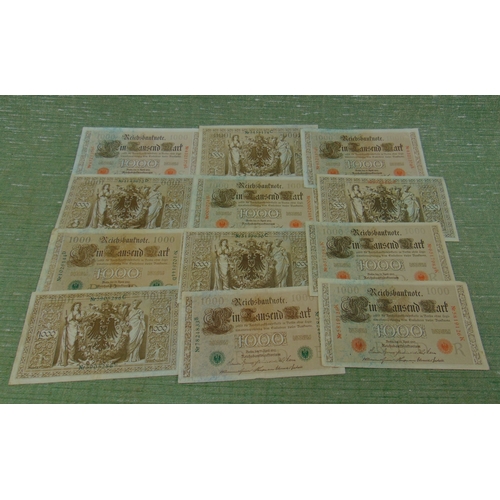 Twelve Imperial German 1000 Reichsmark banknotes, Berlin 21st April 1910.