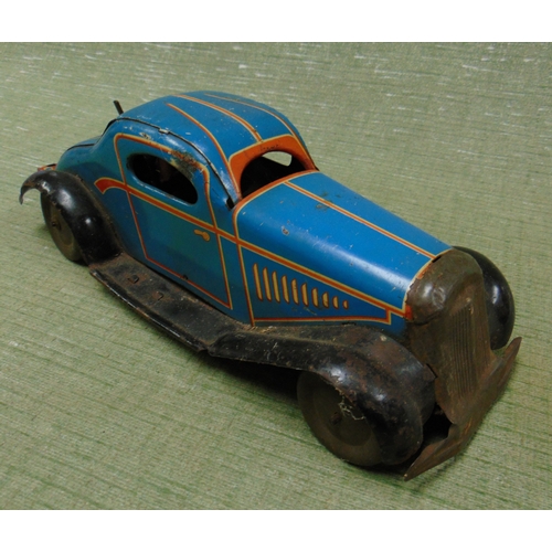 Vintage tinplate clockwork toy car, 12".