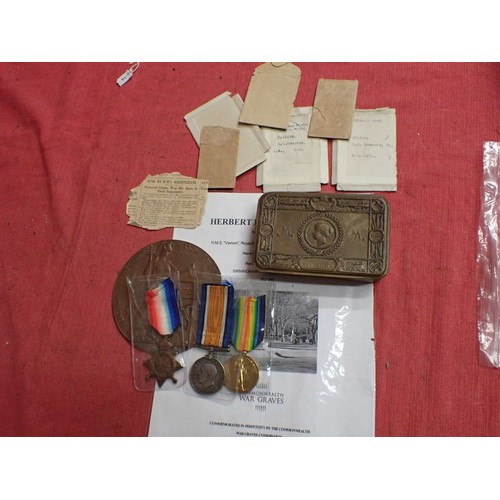 WW1 Death Plaque and medal 1915 trio, Royal Navy J. 21416, H.H. EDWARDS ...