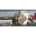 Three boxes of sundries, including oil lamps, glass, textiles etc