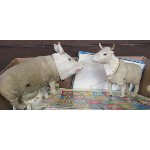 A box of sundries toys to include clockwork felt toy pig, possible by ...