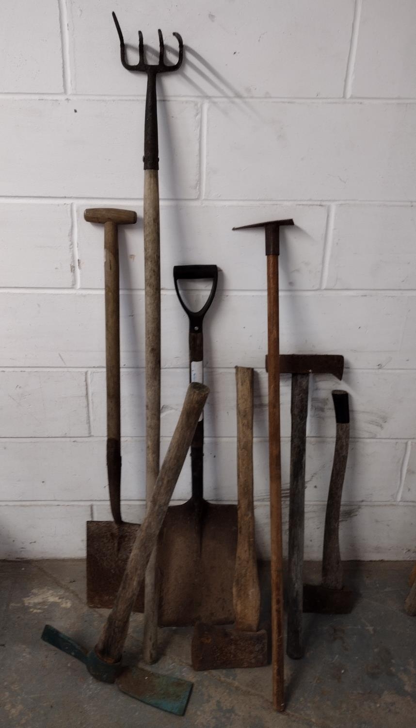 Good quantity of vintage hand tools, Mattock, spades, axes, etc ...