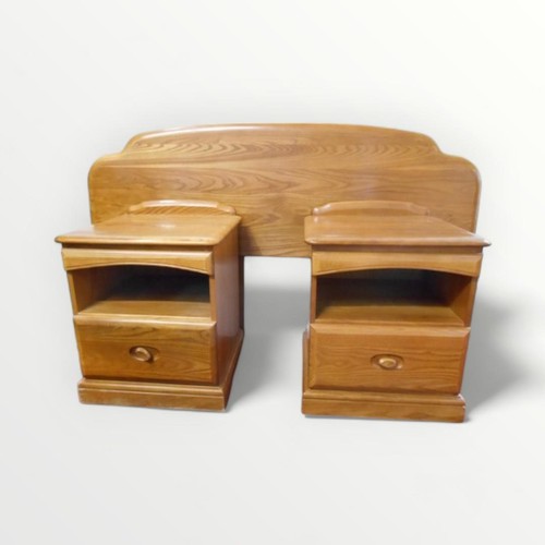 Ercol style 150cm head board together with two matching bedside units ...