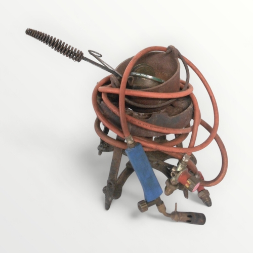 Lead roofing tools including lead pot with burner, ladle, blowtorch etc.