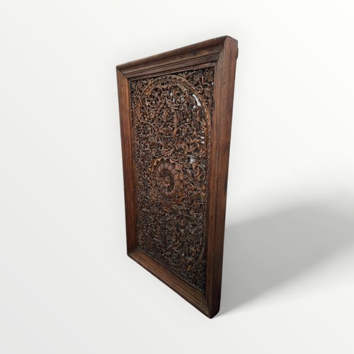 Very large Eastern carved hardwood pierced panel with central 'Lotus ...