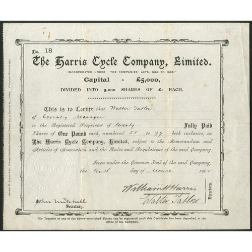 Great Britain: Harris Cycle Company Ltd., £1 shares, 190[0], #18, black ...