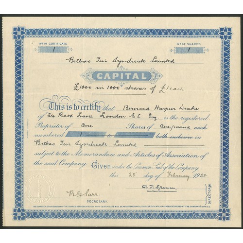 Spain: Bilbao Tin Syndicate Limited, £1 shares, 19[28], #1, stationers ...