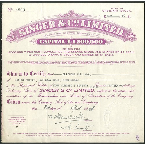 Great Britain: Singer & Co. Ltd., Ordinary stock, 19[36], #4808, mauve ...