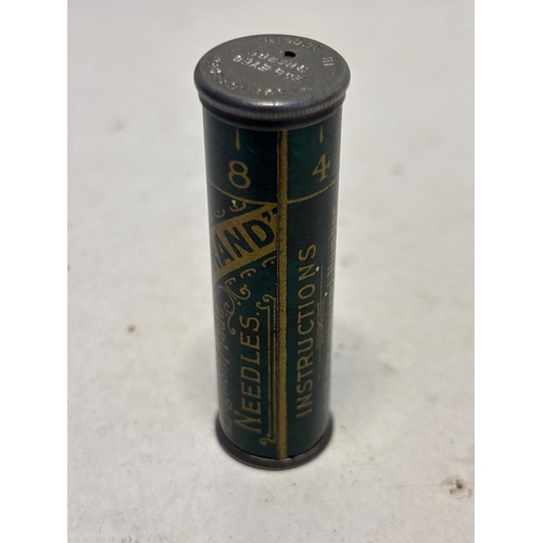 Metal Serpent Brand needle tube with instructions and size indicator.
