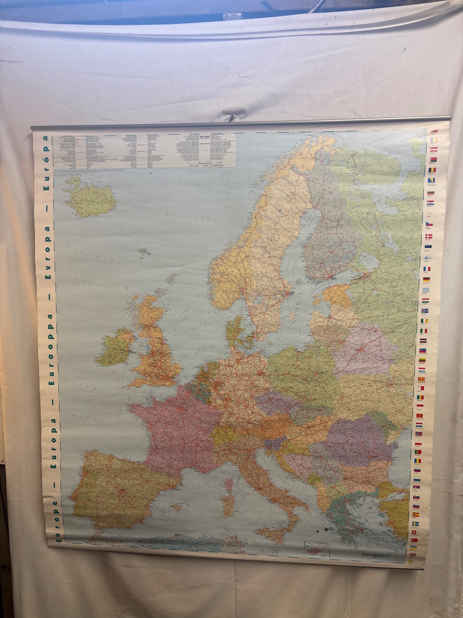 Large European wall map with country flags and details not postable.