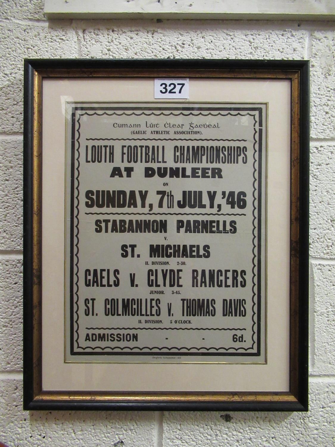 Original Louth 1946 GAA framed poster. 53cm x 65cm.