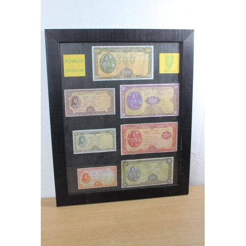 A framed display of Sir John Lavery Irish bank notes.