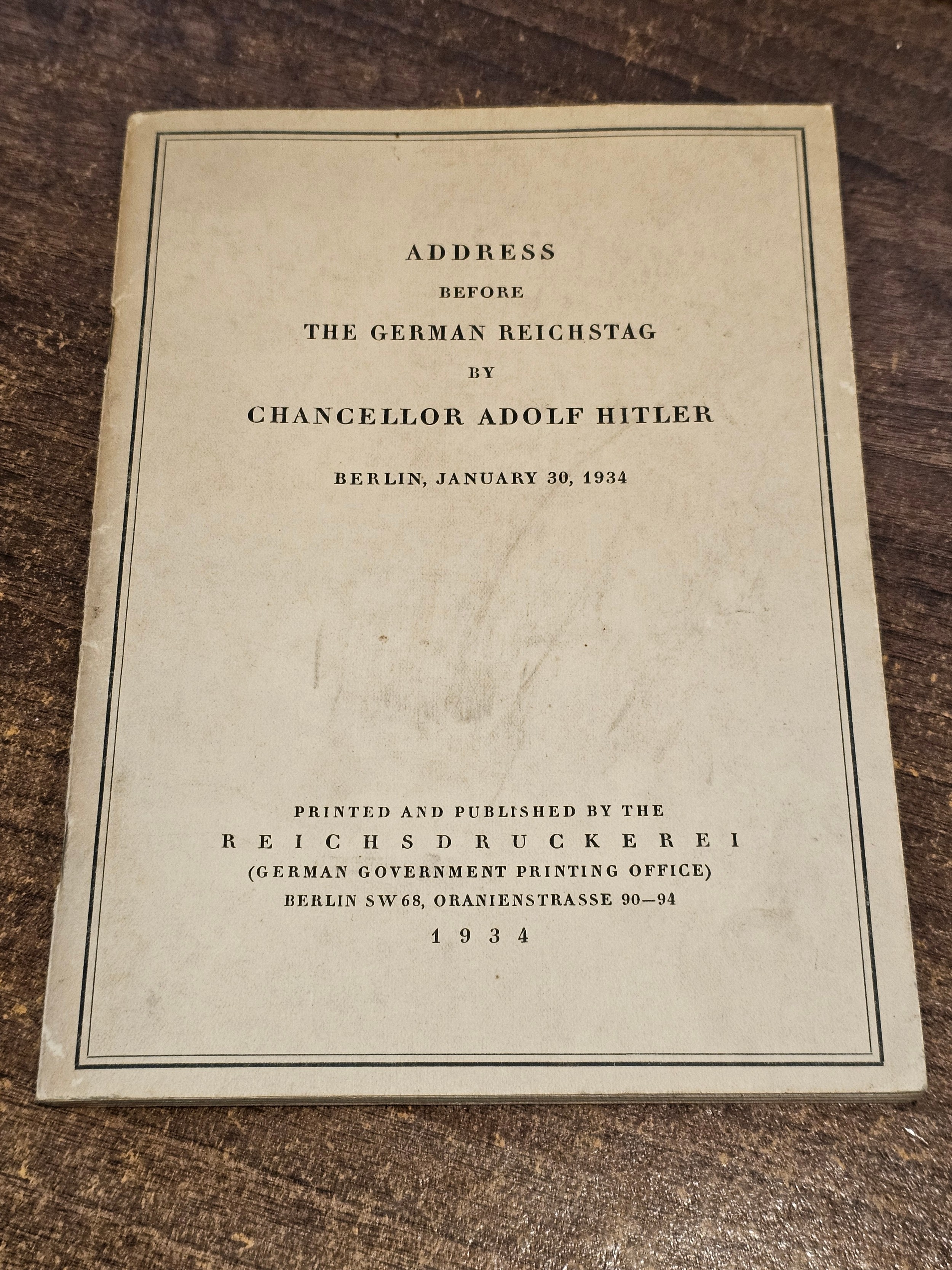 'Address before the German Reichstag by Chancellor Adolf Hitler ...