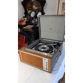 HMV portable record player. Features wooden slat front panel and ...