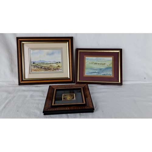 Three framed artworks, including two watercolor landscapes and one ...