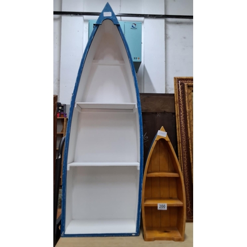 Two nautical wooden shelved display boats, measuring 43.5" and 18.5".