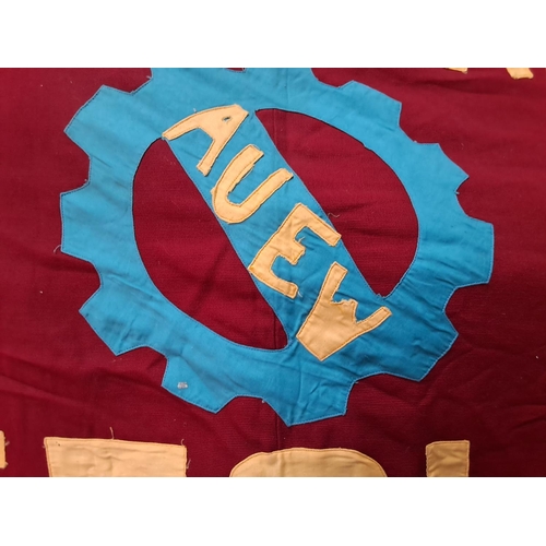 A large vintage handmade union banner, featuring bold red and yellow ...