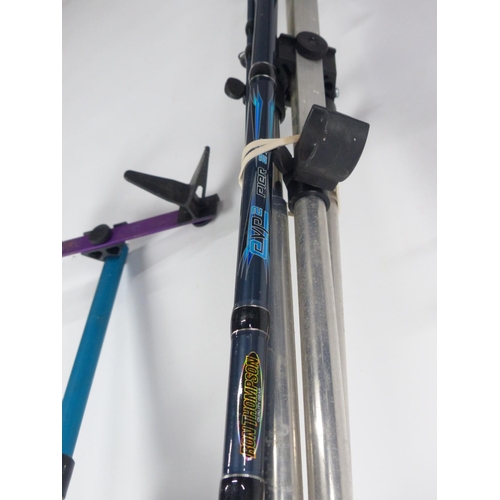 A Ron Thompson Prier 270 two piece fishing rod and two rod stands