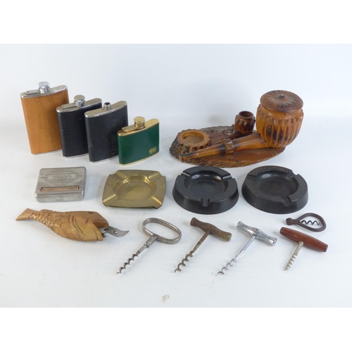 Five vintage corkscrews, four leather cased hip flasks and more.