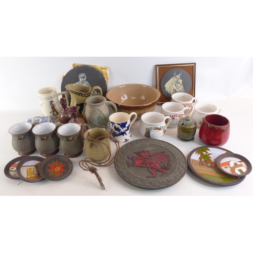 A pottery hanging plant pot with owl design, three Denby mugs, Emma ...