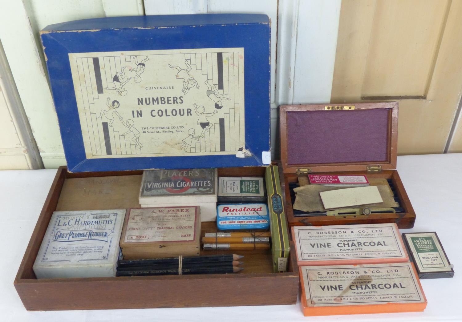 A collection of vintage artists materials to include C Roberson & Co ...