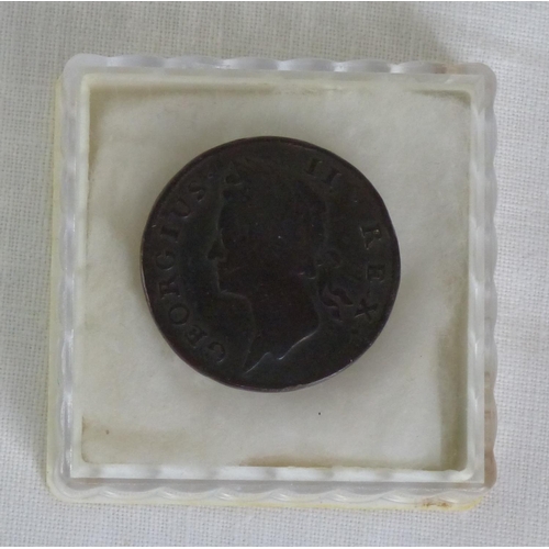 An antique 1769 George III Irish Hibernia half penny coin.