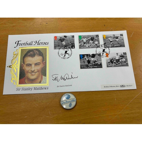 Stanley Matthews Tin Badge & Signed First Day Cover