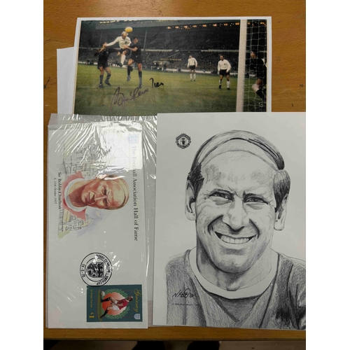 Bobby Charlton signed picture with COA, plus hand drawn picture of ...