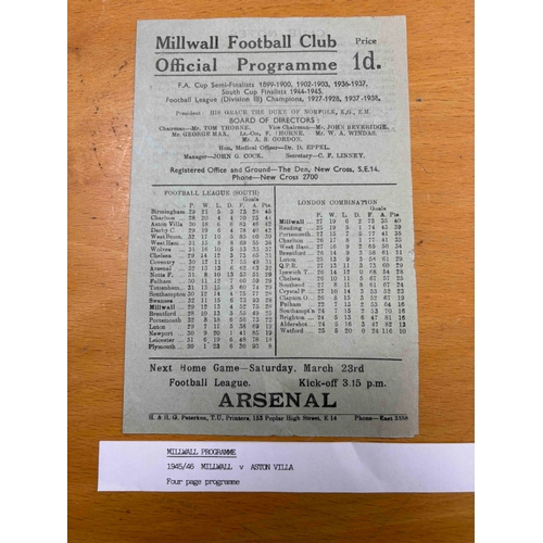 1945/46 Millwall v Aston Villa, 4 page programme.