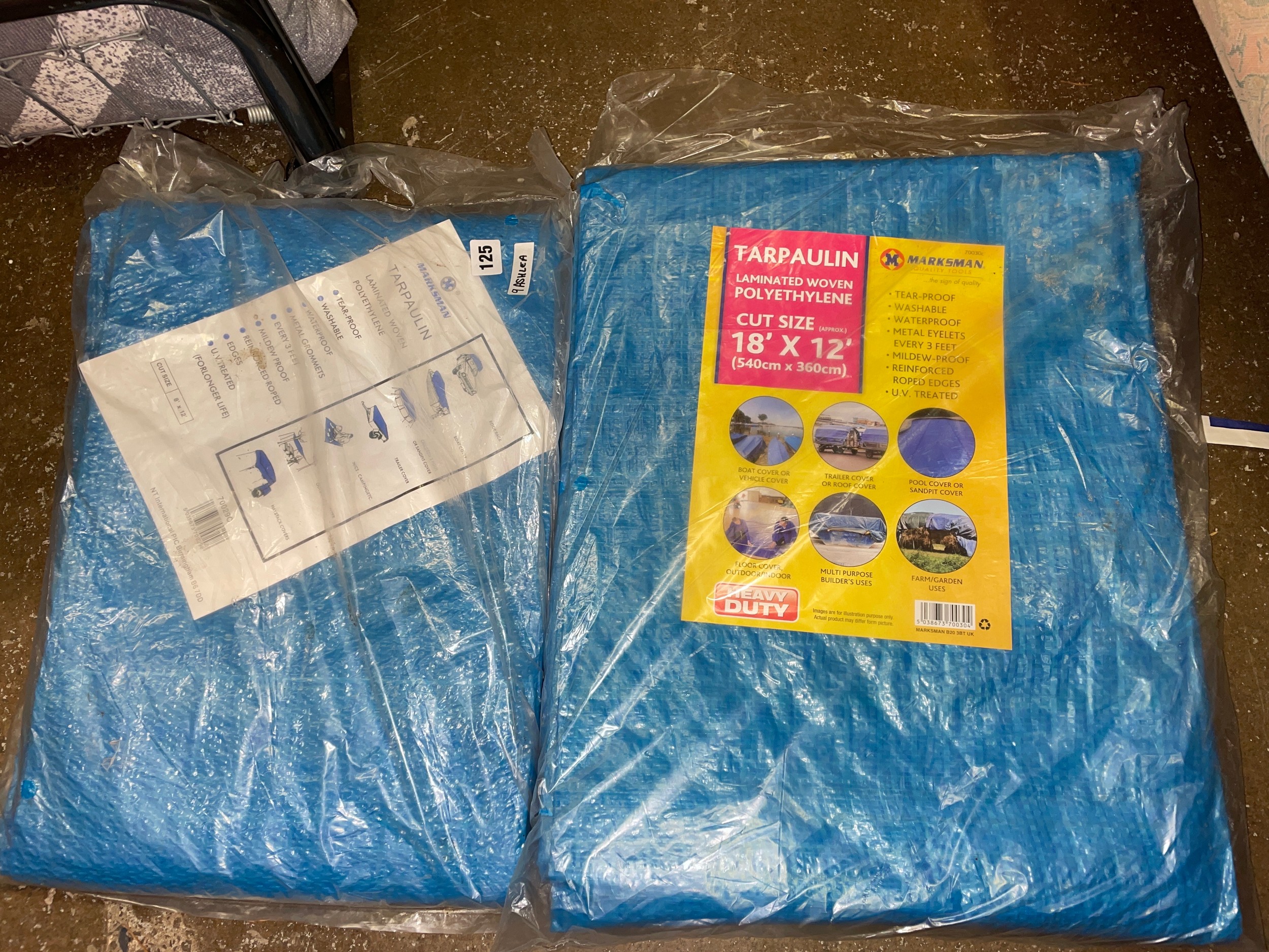 TWO LAMINATED POLYTHENE TARPAULIN SHEETS (AS NEW)