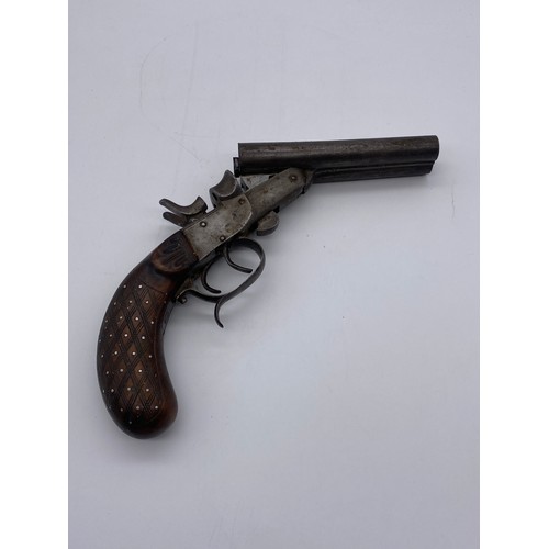 19TH CENTURY TWIN BARREL CAP PISTOL WITH WALNUT CROSS HATCHED INLAID STOCK