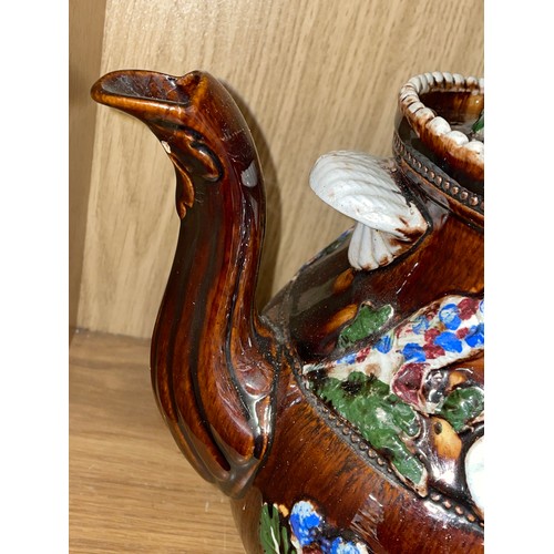 BARGEWARE TREACLE GLAZED STAFFORDSHIRE TEAPOT WITH INSCRIPTION PANEL