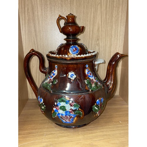 BARGEWARE TREACLE GLAZED STAFFORDSHIRE TEAPOT WITH INSCRIPTION PANEL