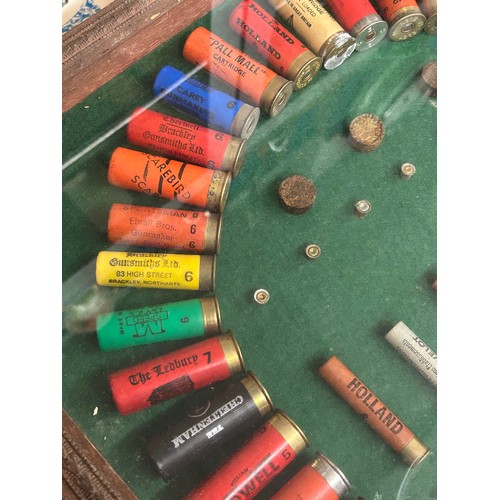INTERESTING FRAMED AND GLAZED COLLAGE DISPLAY OF SHOTGUN CARTRIDGES AND ...
