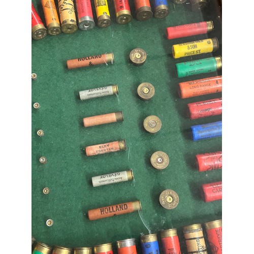 INTERESTING FRAMED AND GLAZED COLLAGE DISPLAY OF SHOTGUN CARTRIDGES AND ...